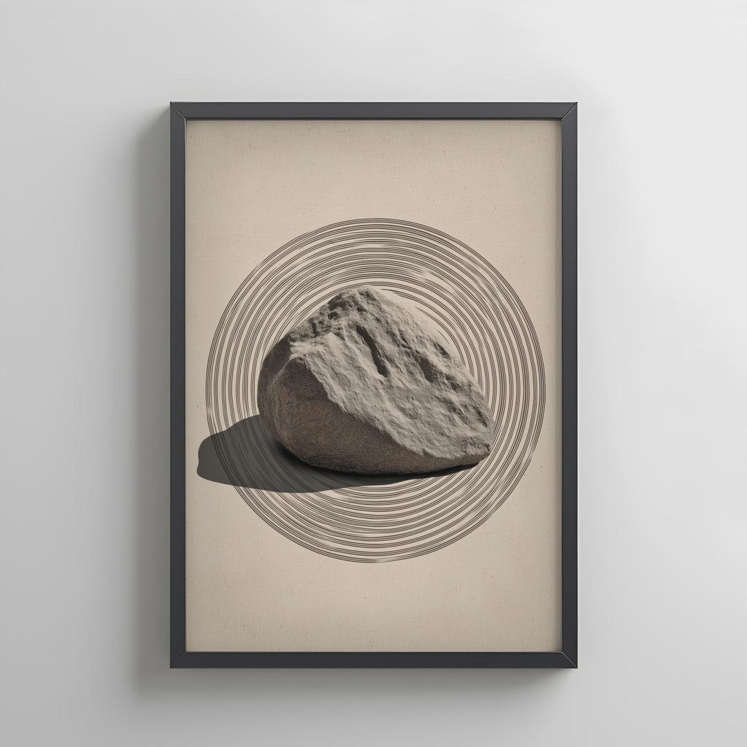 Zen Stone Focus Print – Minimal Japandi Rock With Circular Sand Ripples ...