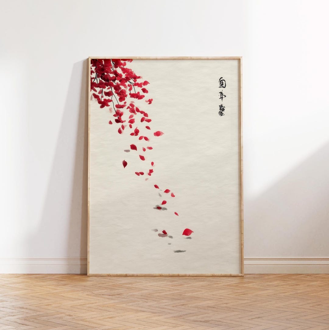 Falling Petals Japandi Wall Art, Red Leaves Zen Print, Minimalist ...