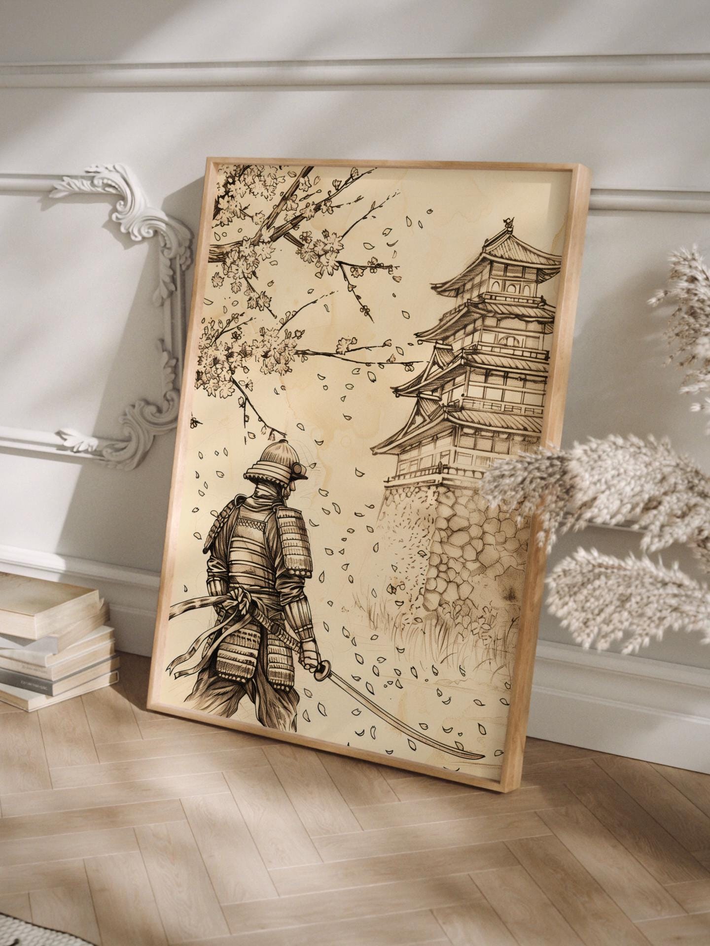 Samurai Under Cherry Blossoms Wall Art, Japandi Digital Print, Japanese ...
