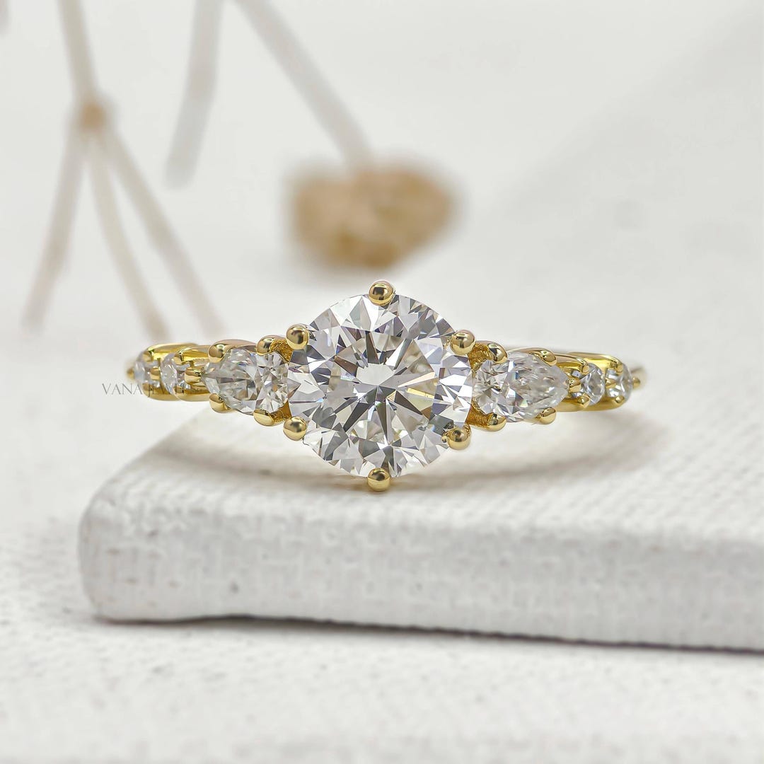 Round Cut Lab Grown Diamond Ring, Seven Stone Ring, Side Pear and Round ...