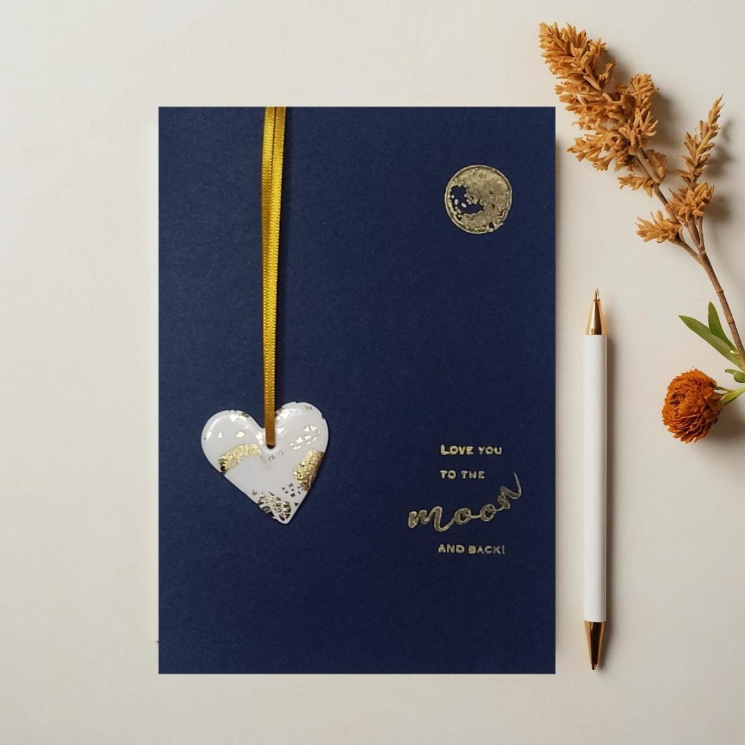 Love You to the Moon and Back Card: Handmade Gold/silver Leaf Clay ...