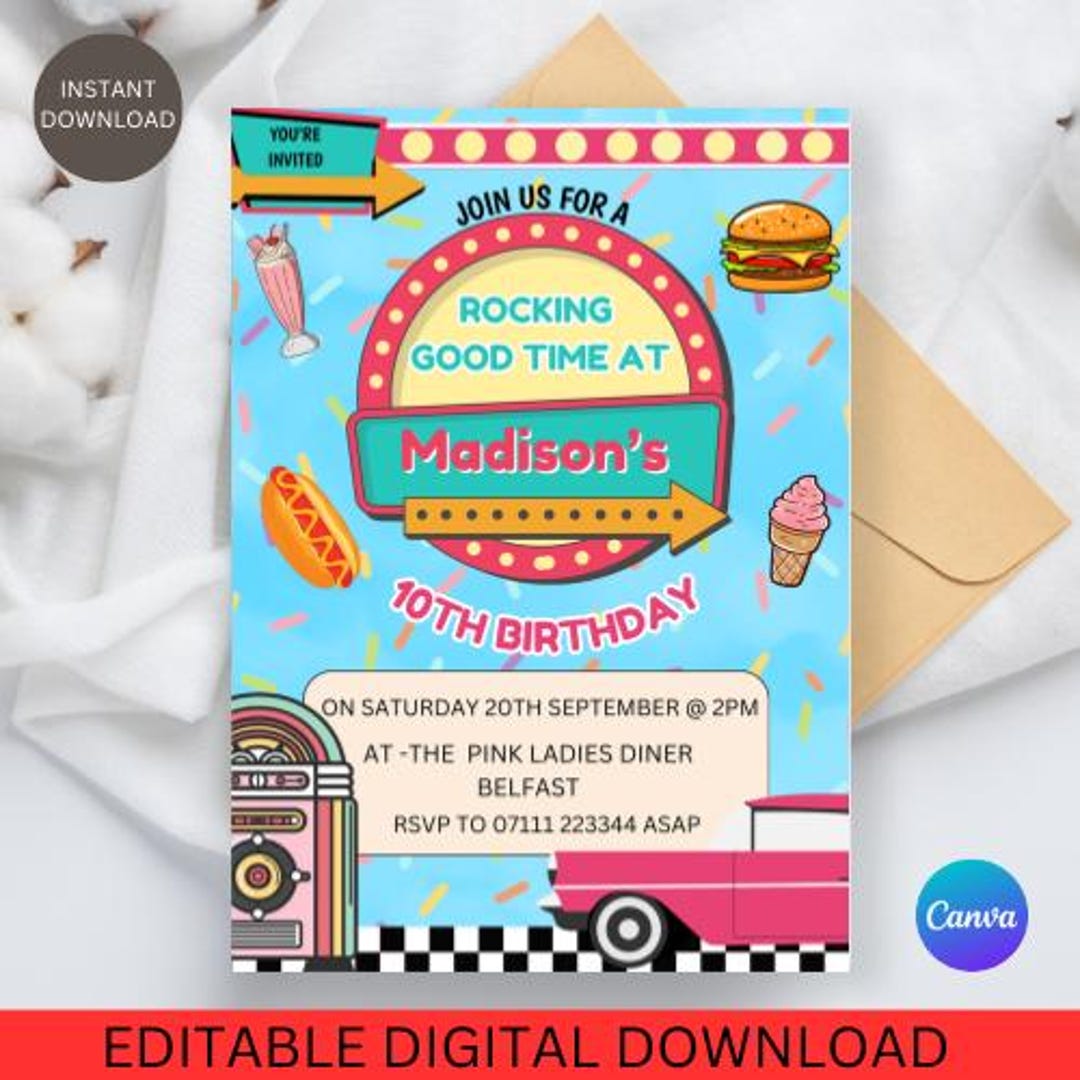 American Diner Ice Cream Parlour Birthday Invitation | Editable Canva ...