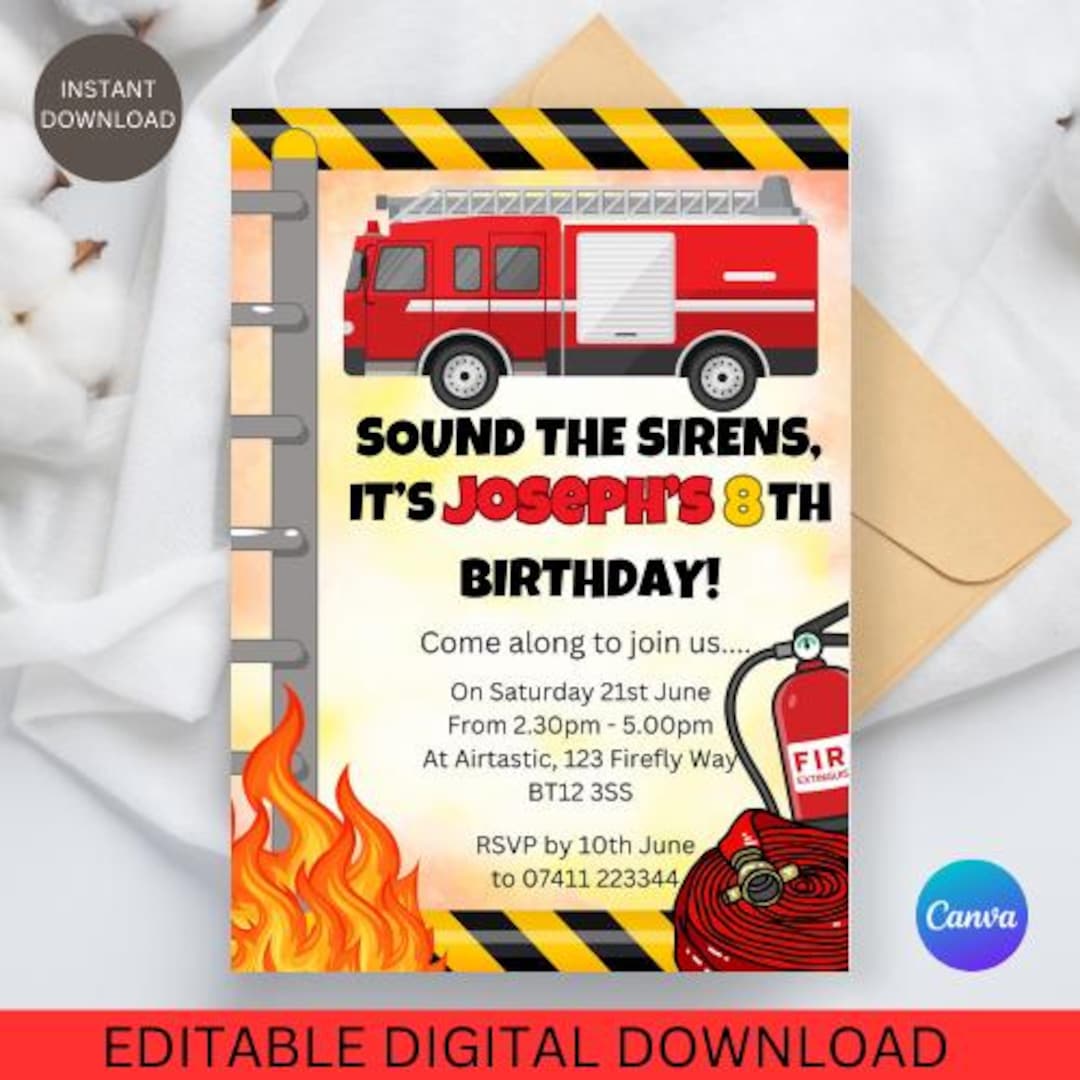 Fire Engine Birthday Party Invitation | Editable Canva Template ...