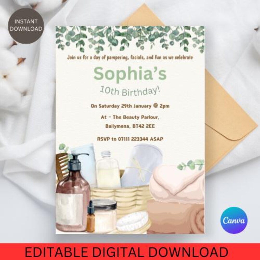 Editable Spa Birthday Party Invitation | Digital Download Canva ...