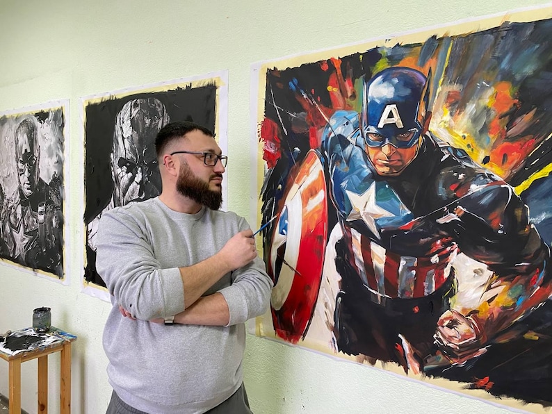 Superhero Oil Painting: Legends United Portrait, Textured Palette Knife ...