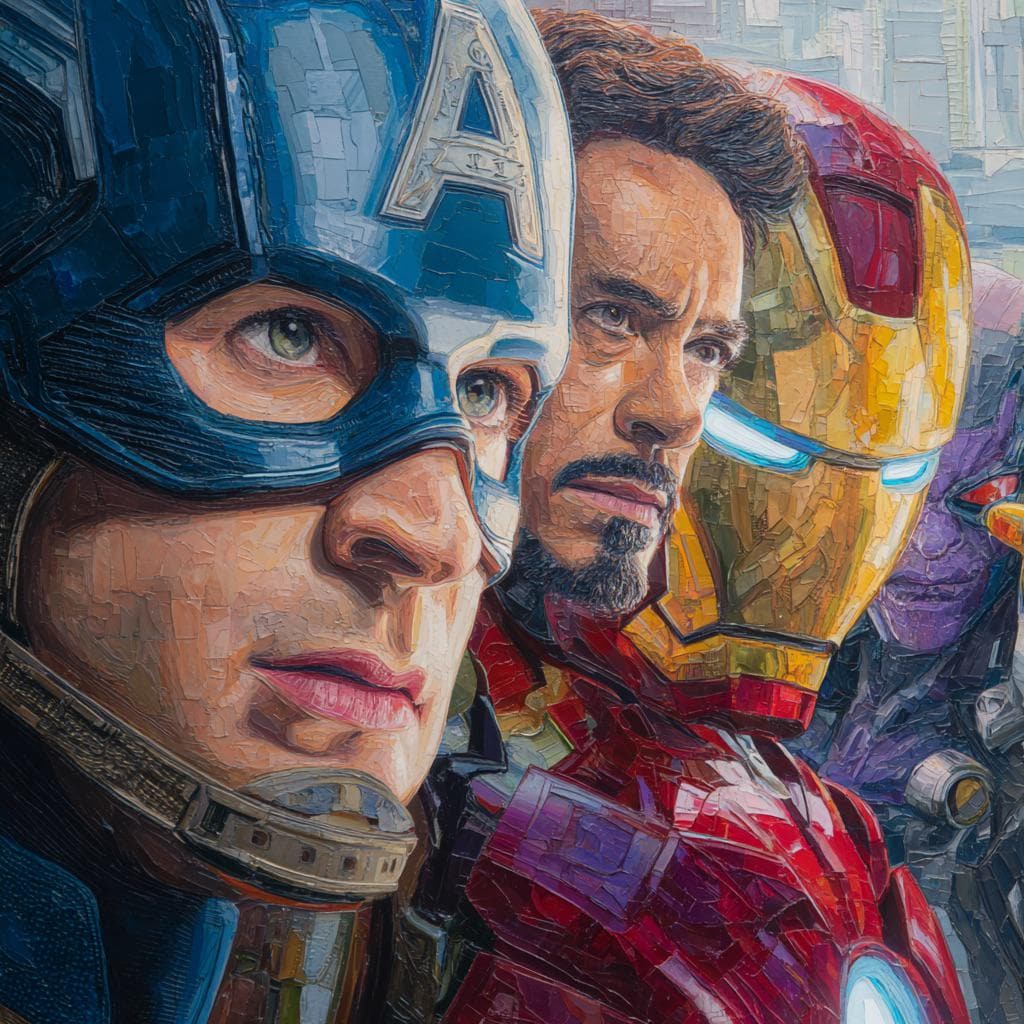 Superhero Oil Painting: Legends United Portrait, Textured Palette Knife ...