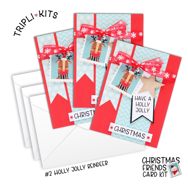 Triplikit HOLLY JOLLY Reindeer Card Kit, Christmas Card Making Kit, DIY ...