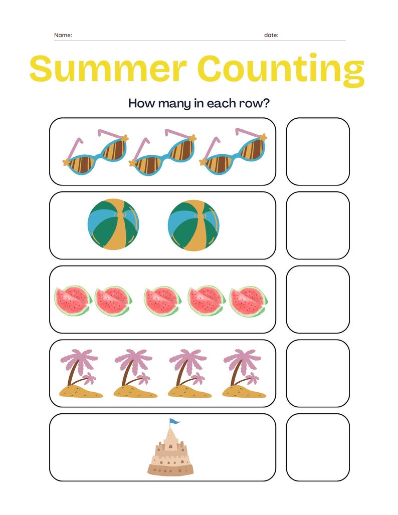 Summer Counting Worksheets - Etsy