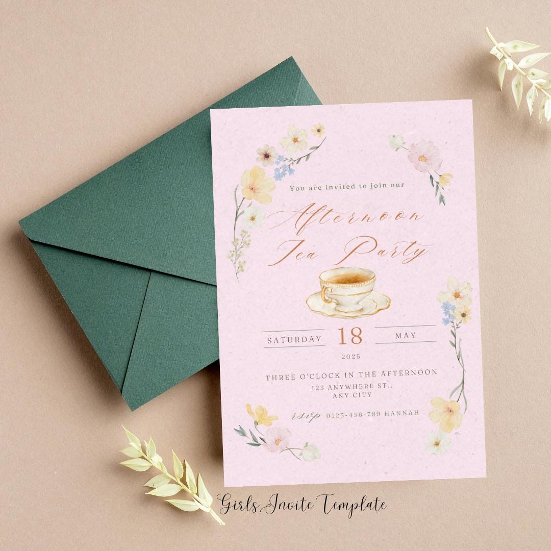 Pink High Tea Invite Afternoon Tea Party Invitation Garden Gift Girls ...