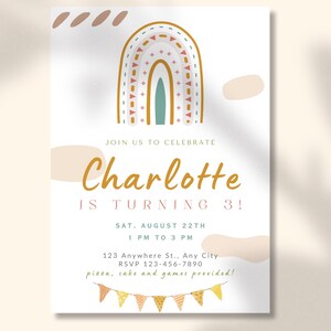 Boho Rainbow Birthday Invitation | Editable Canva Template | Bohemian ...
