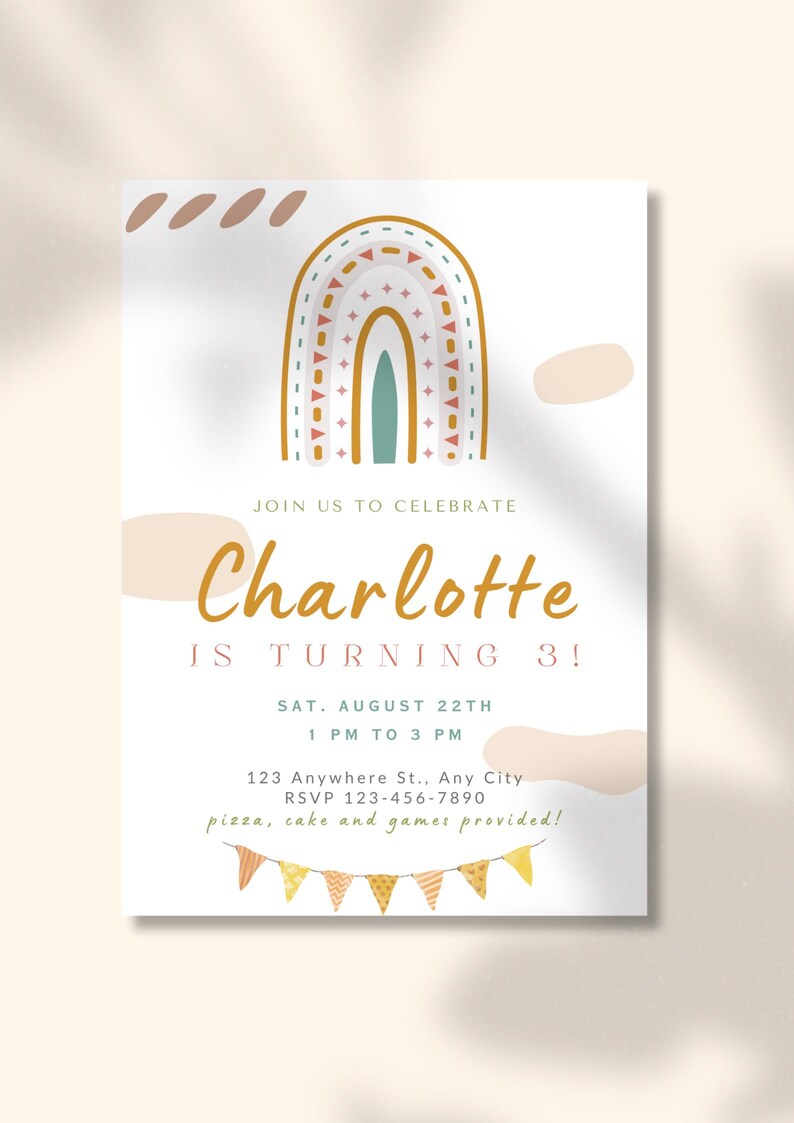 Boho Rainbow Birthday Invitation | Editable Canva Template | Bohemian ...