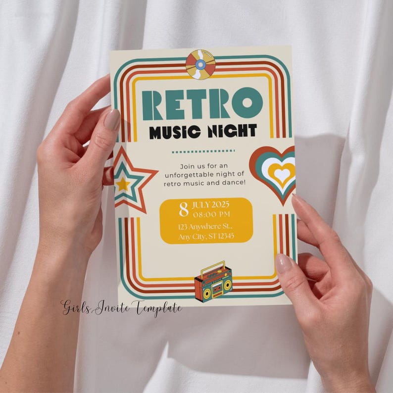 Editable Retro Music Night Invitation 70s 80s Disco Party Vintage ...