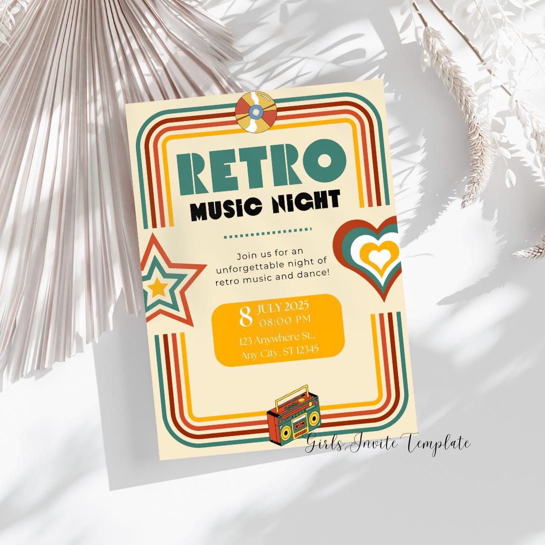 Editable Retro Music Night Invitation 70s 80s Disco Party Vintage ...