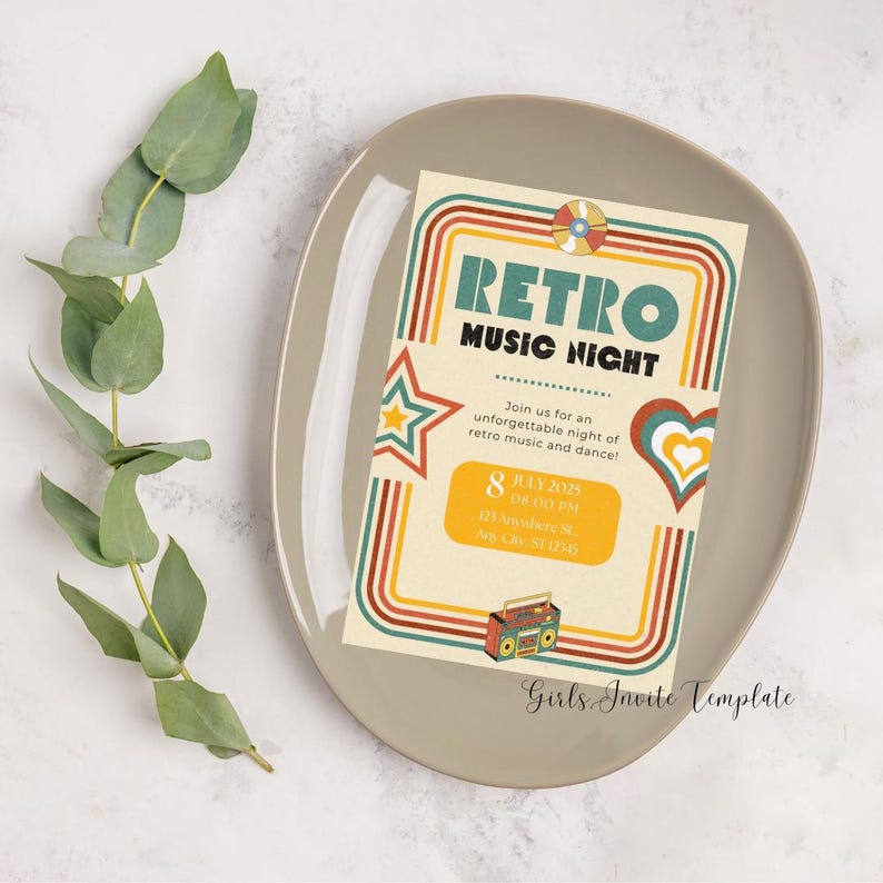 Editable Retro Music Night Invitation 70s 80s Disco Party Vintage ...