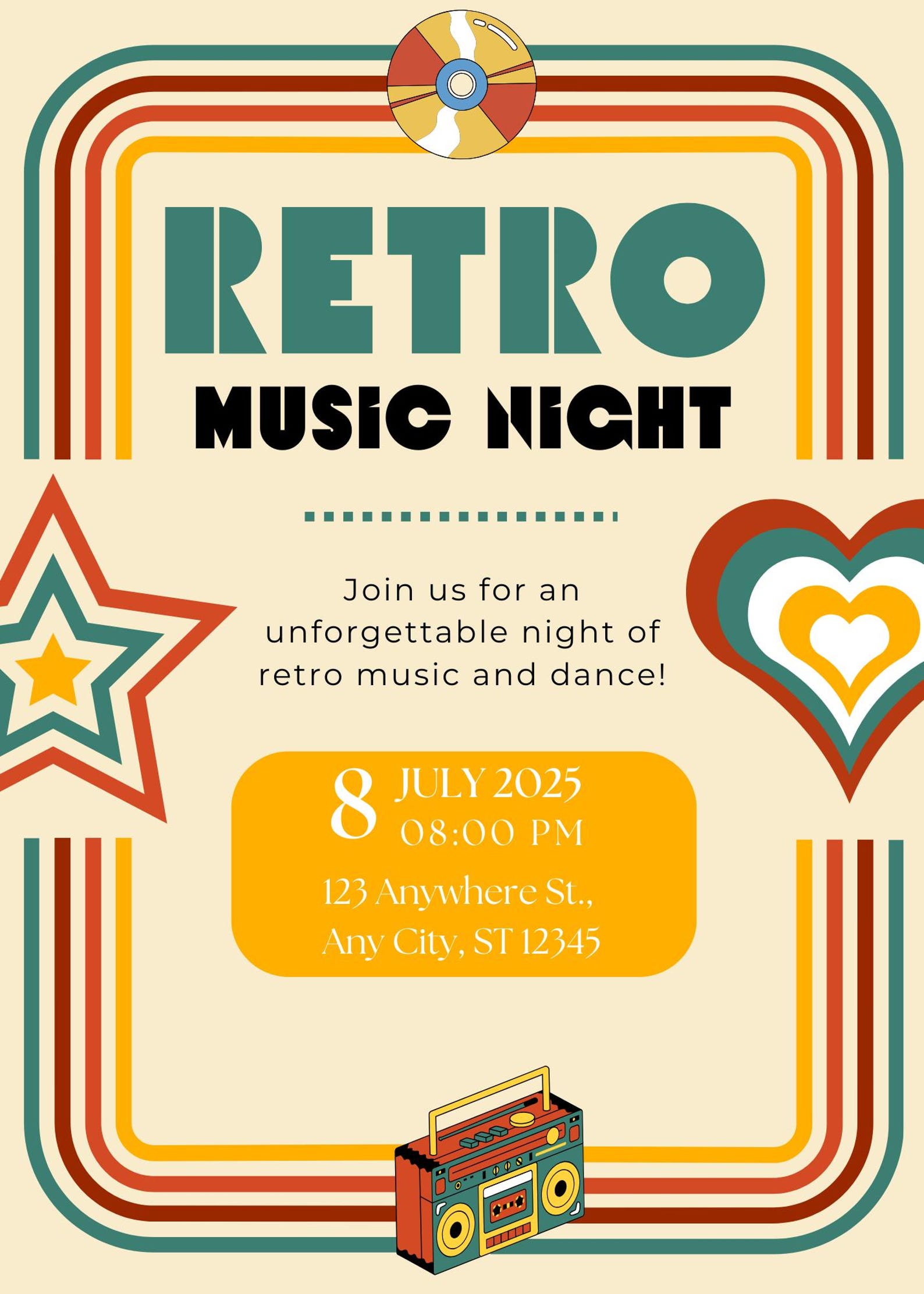 Editable Retro Music Night Invitation 70s 80s Disco Party Vintage ...