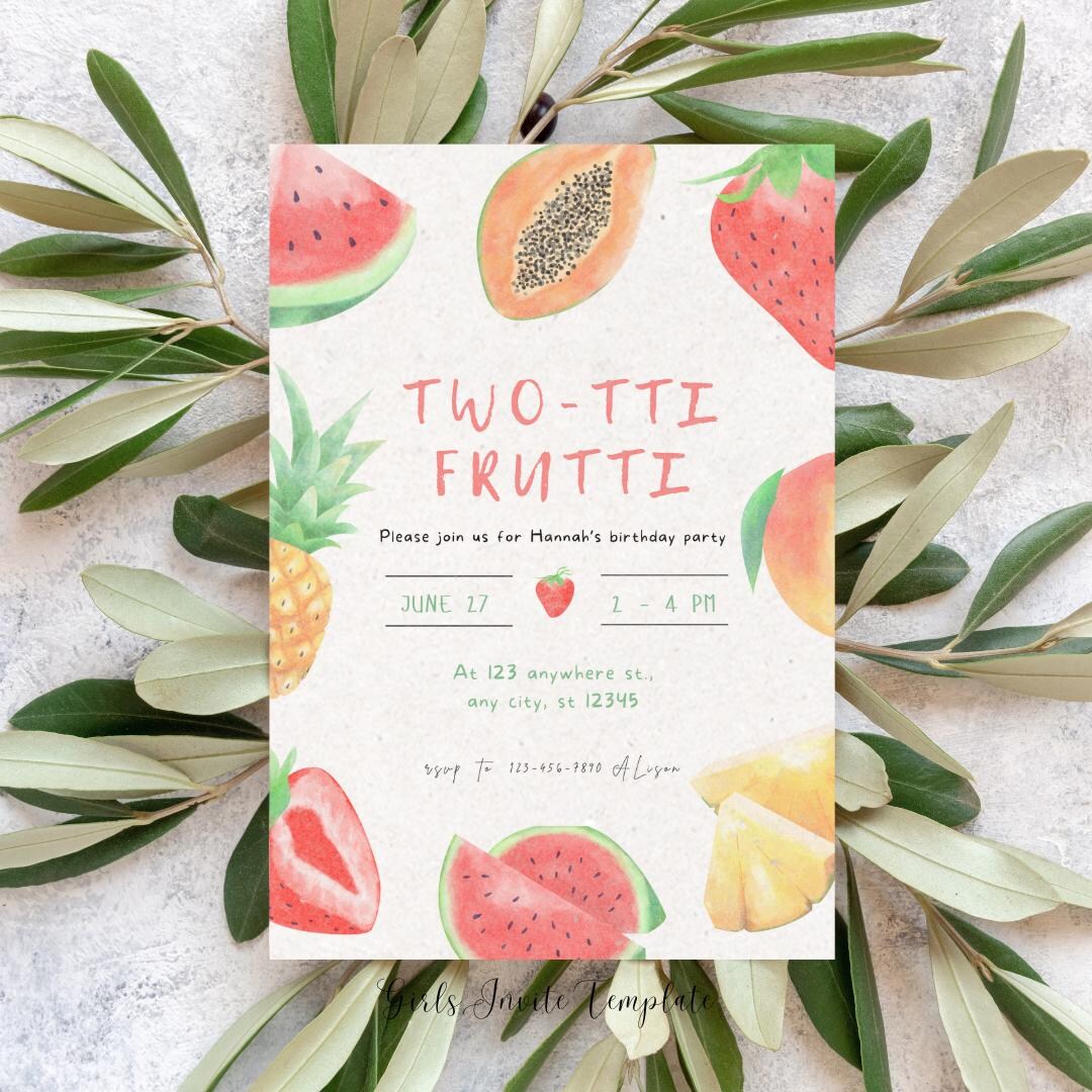 Two-tti Frutti Birthday Invitation Tropical Fruits Invitation Summer ...