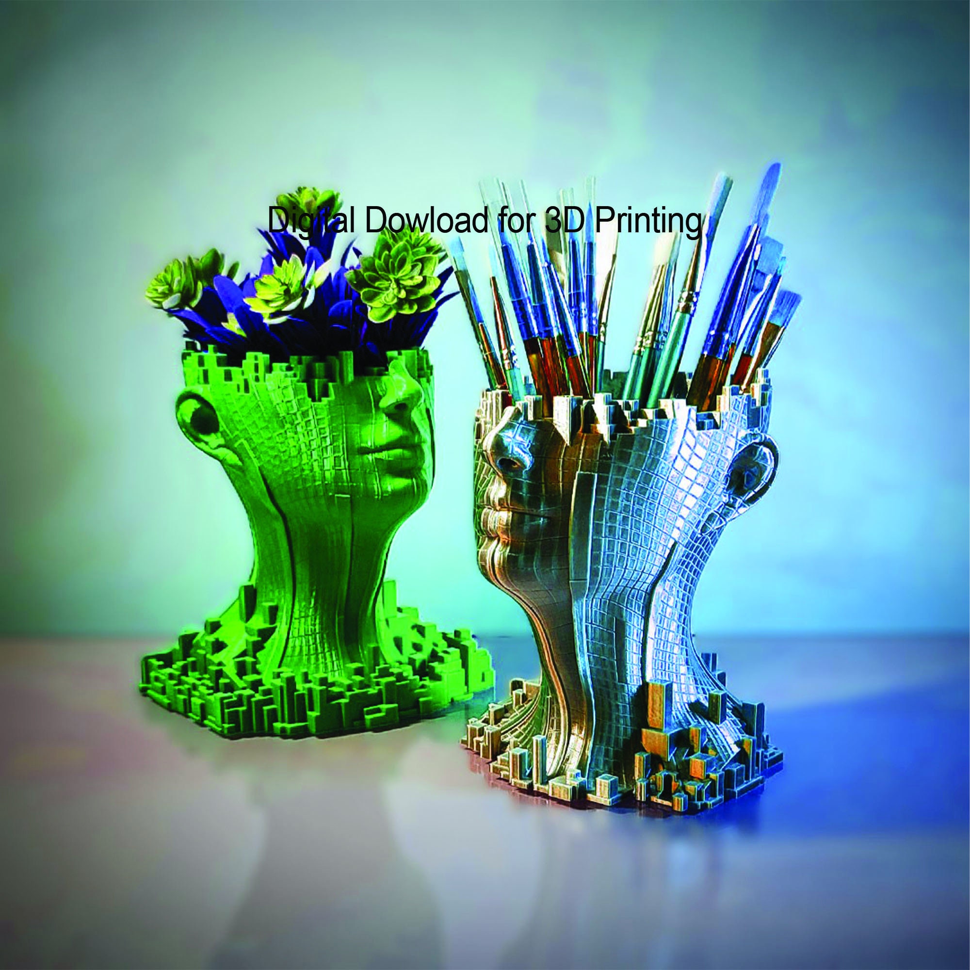 3D Printed Geometric Head Planter and Pen Holder, Modern Abstract ...