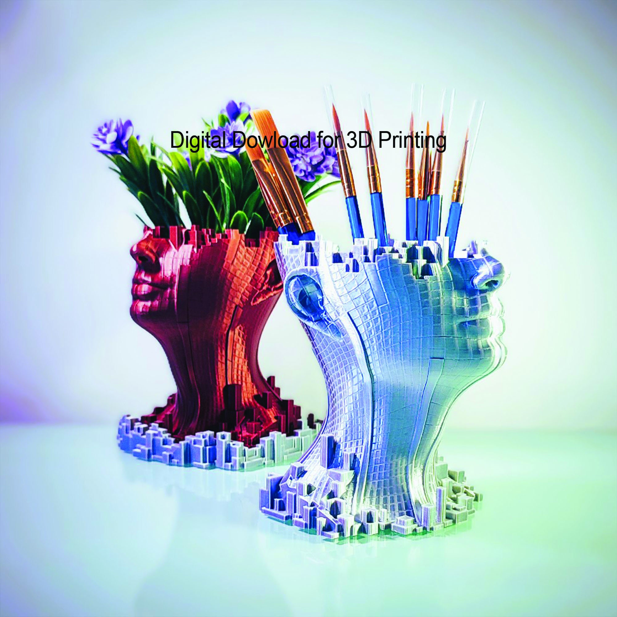 3D Printed Geometric Head Planter and Pen Holder, Modern Abstract ...