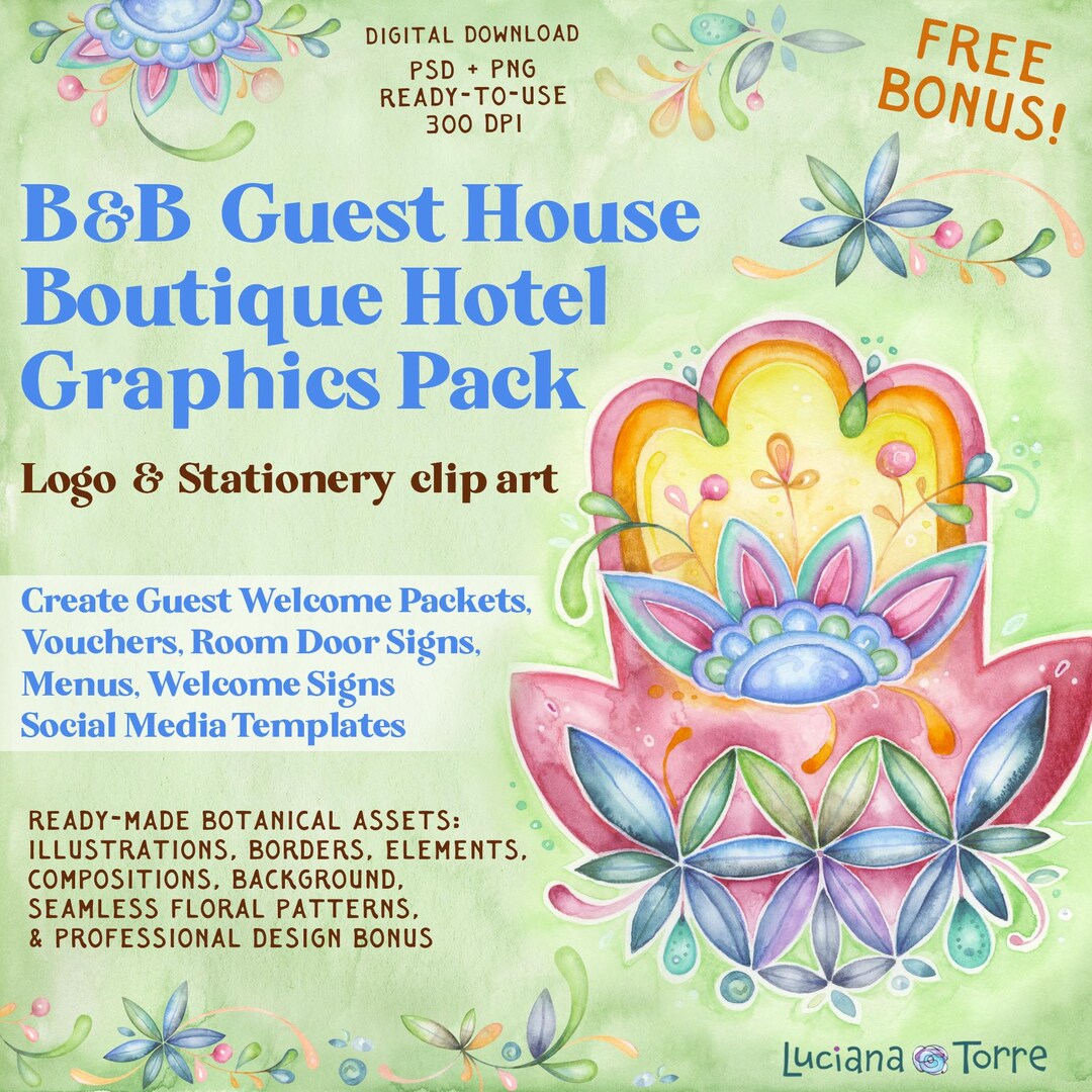 B&B Watercolor Floral Graphics, Boutique Hotel Branding Clip Art Bundle ...