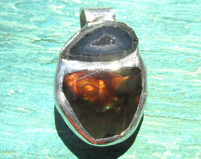 Fire Agate & Geode Pendant HANDMADE Deer Creek Mine Arizona Fire Agate ...