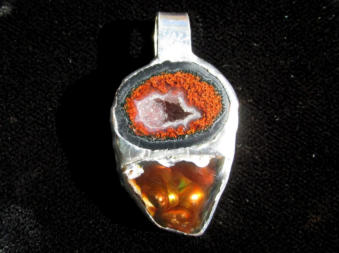 Fire Agate & Geode Pendant HANDMADE Deer Creek Mine Arizona - Etsy