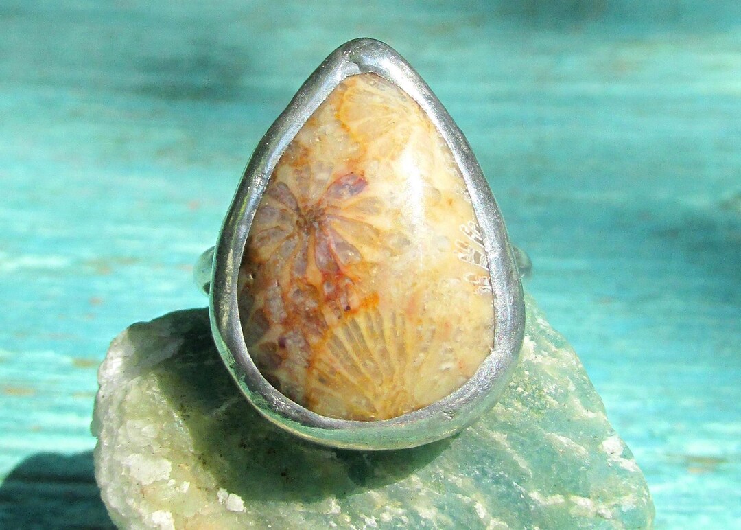 Fossil Coral Ring Size 9 1/4 Sterling Band Handmade Natural Gemstone ...