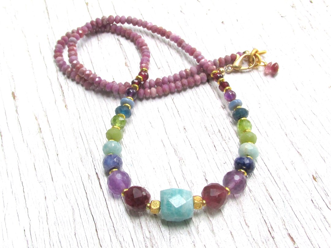 Natural Gemstone Rainbow Necklace Amazonite, Ruby, Sapphire, Amethyst ...