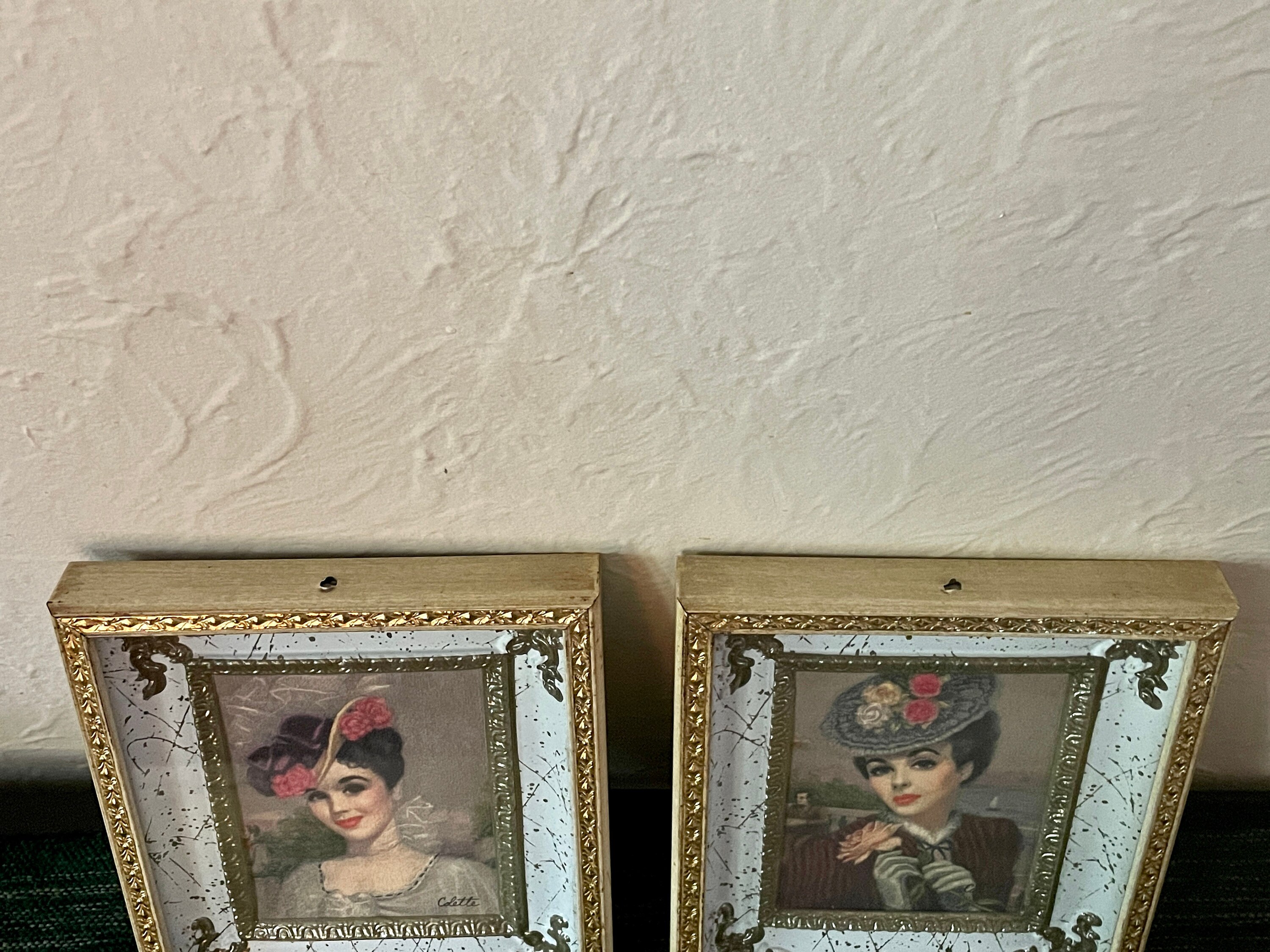Vintage Colette Art Prints Matching Pair Wood Frame Smiling | Etsy