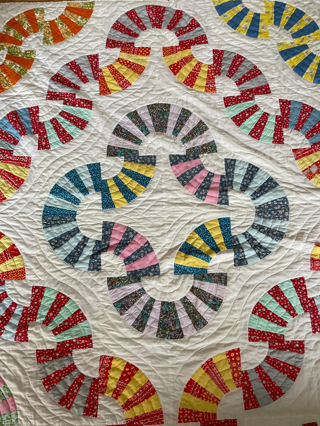 Vintage Quilt Fan Pattern in Red and Blue From Quebec, Canada 1940s ...