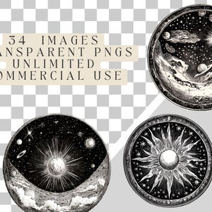 Vintage Celestial Clipart PNG Bundle | Sun, Moon, Stars | Transparent ...