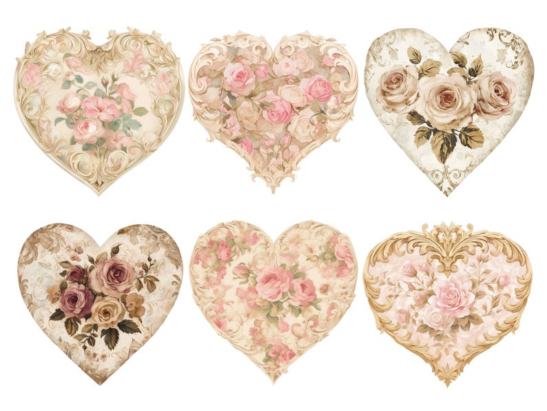 Shabby Chic Heart Clipart | Romantic Floral Heart Graphics | Vintage ...