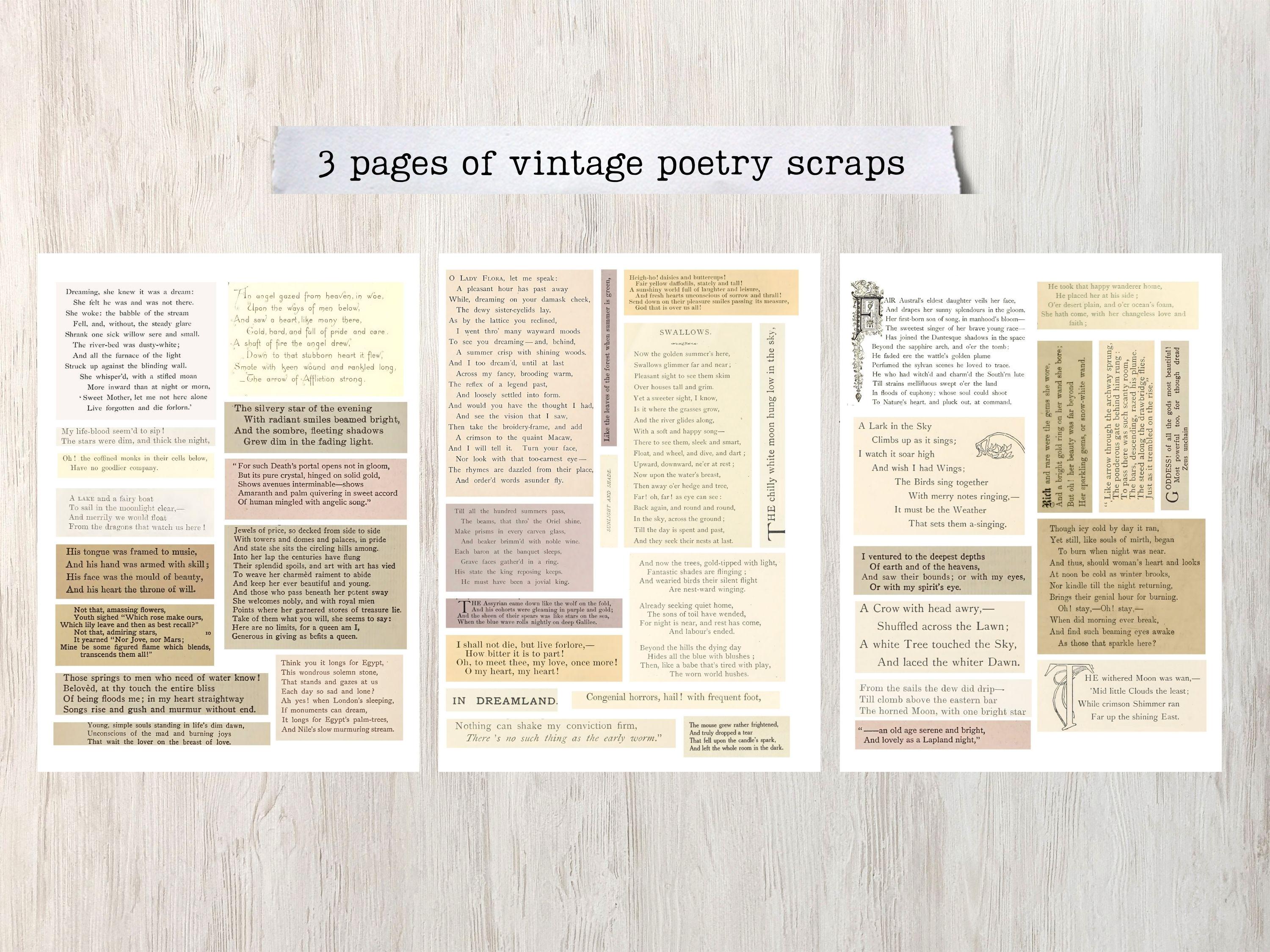 Vintage Poetry Snippets Digital Collage Sheets – Printable Antique Poem Fragments, Junk ...