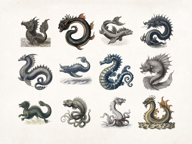 Vintage Sea Monster Clipart | Mythical Ocean Creatures & Nautical ...