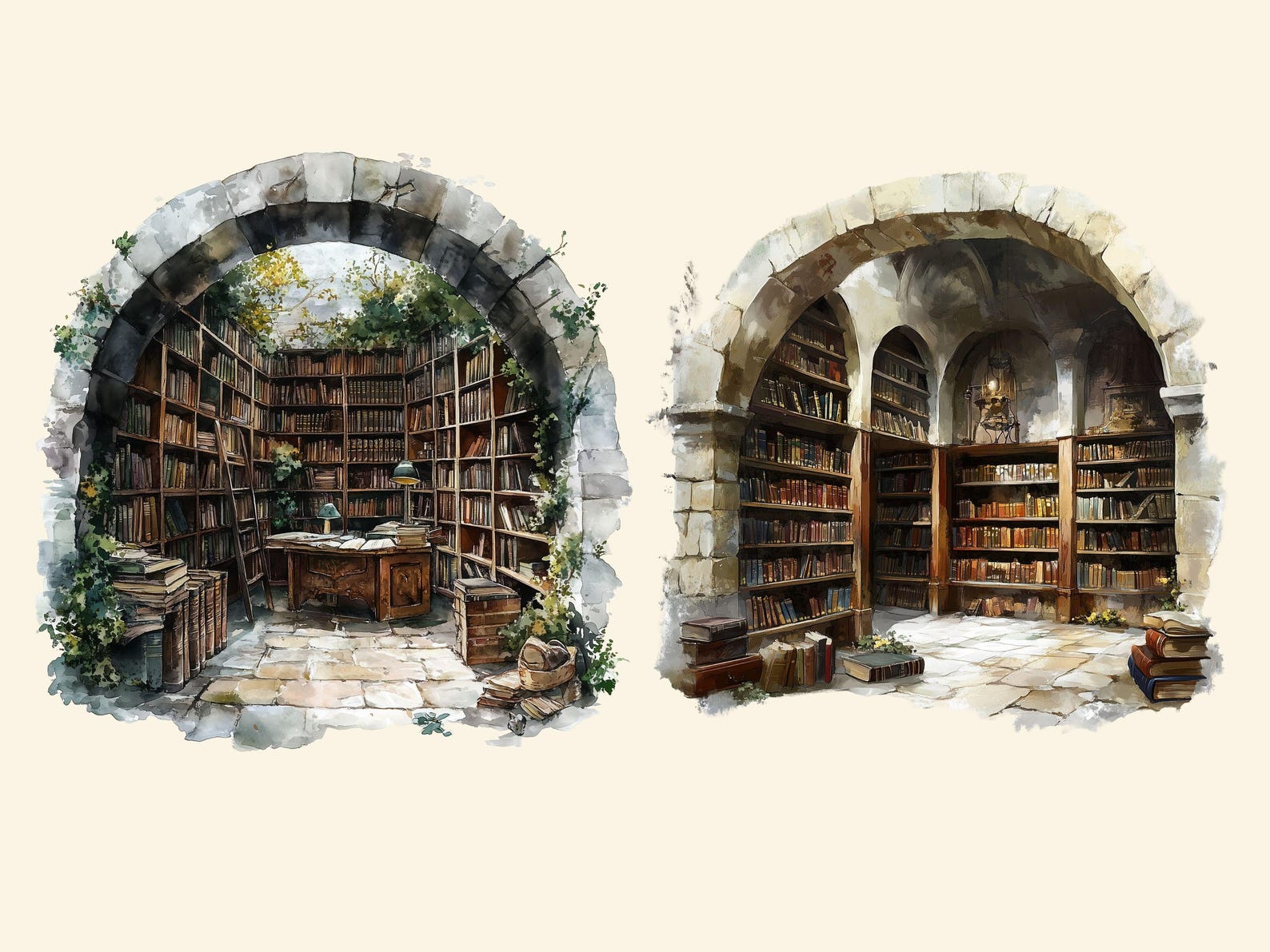 Secret Library Clipart Set, Vintage Bookstore Illustrations, Dark ...