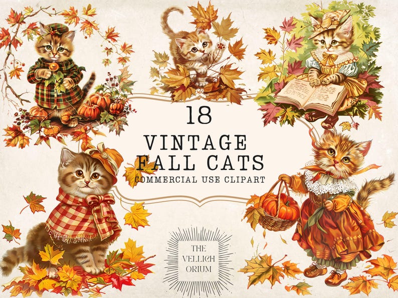Vintage Fall Cat Clipart | Autumn Kitten PNG (digital Download) - Etsy