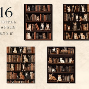 Cats on Bookshelves, Library Aesthetic, Junk Journal Pages (digital ...