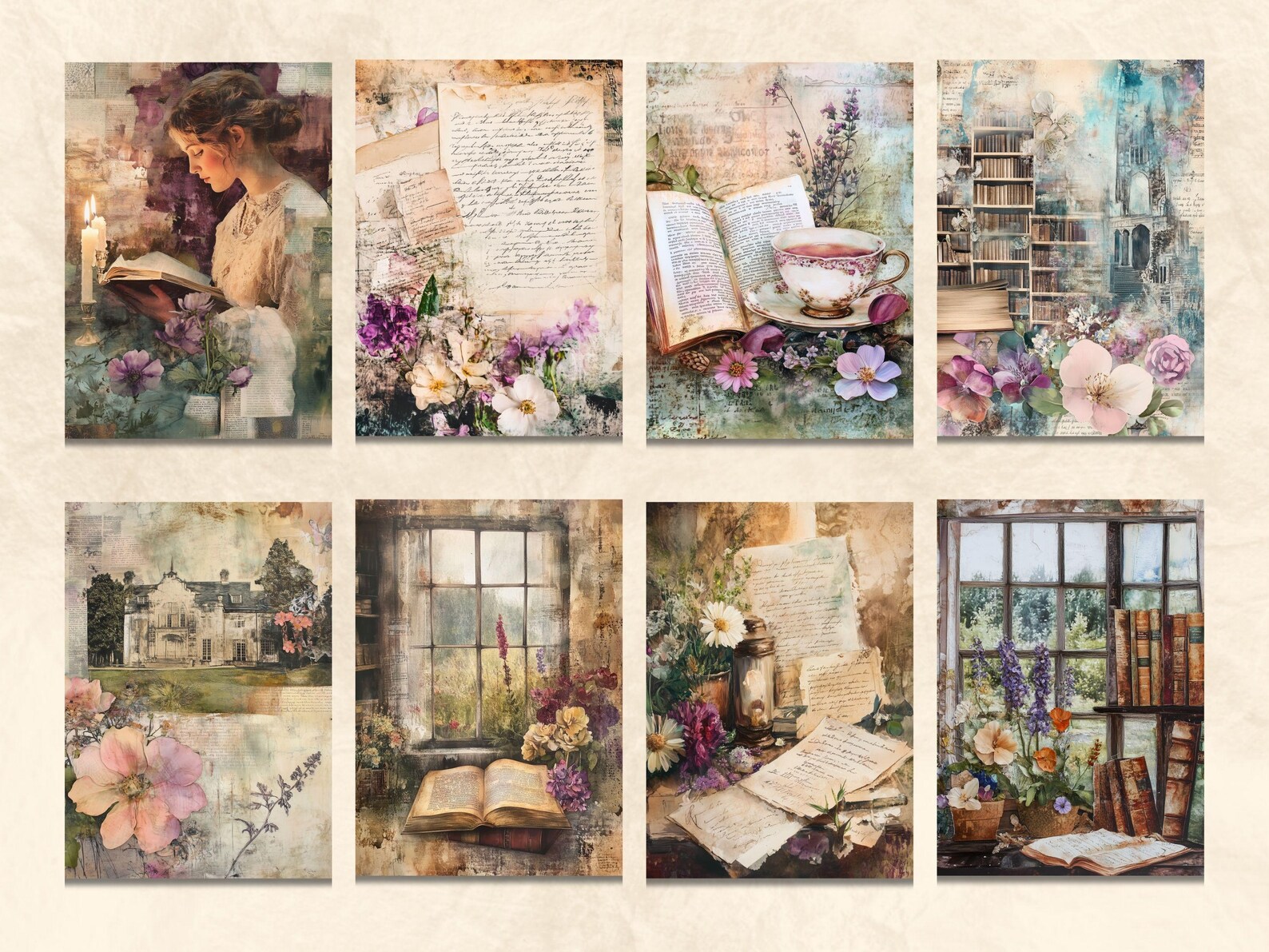 Shabby Chic Book Lover Digital Papers, Cottagecore Scrapbooking ...