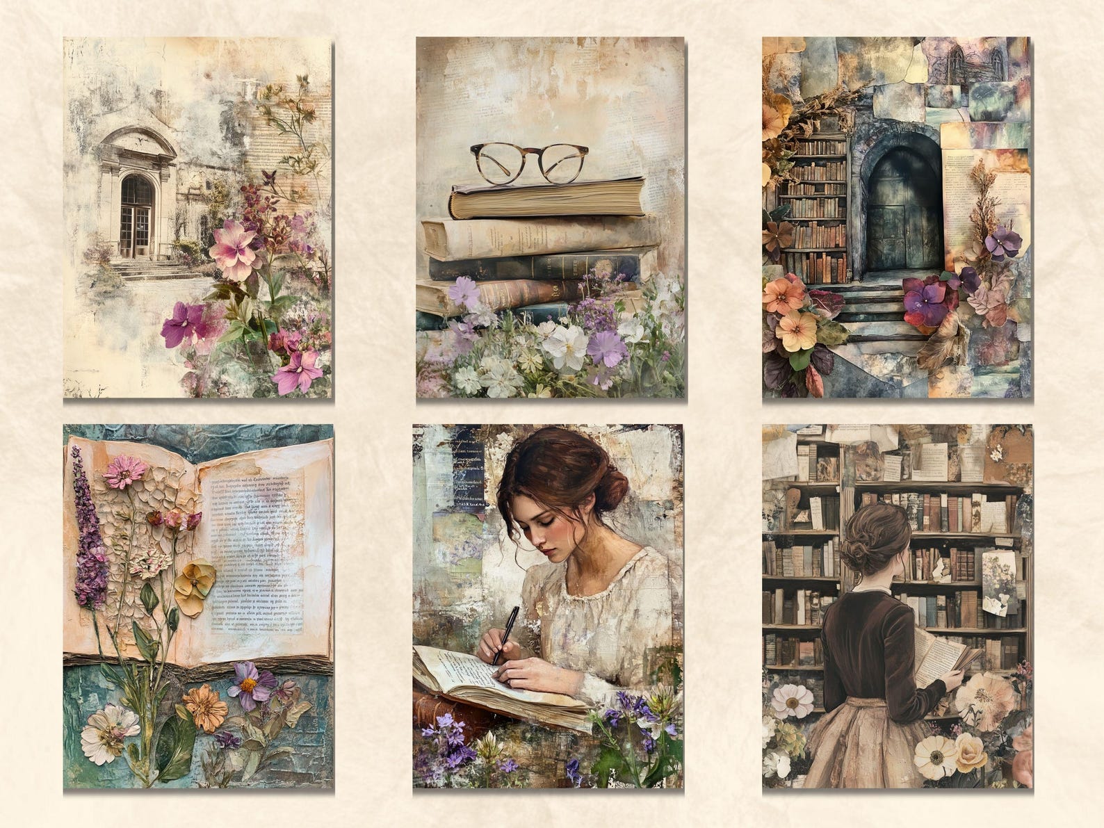 Shabby Chic Book Lover Digital Papers, Cottagecore Scrapbooking ...