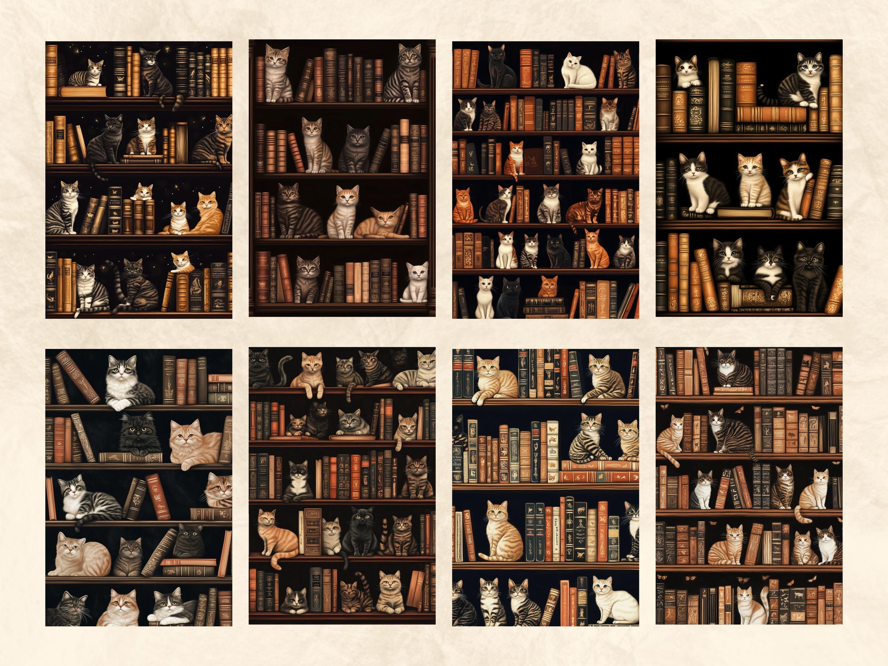 Cats on Bookshelves, Library Aesthetic, Junk Journal Pages (digital ...