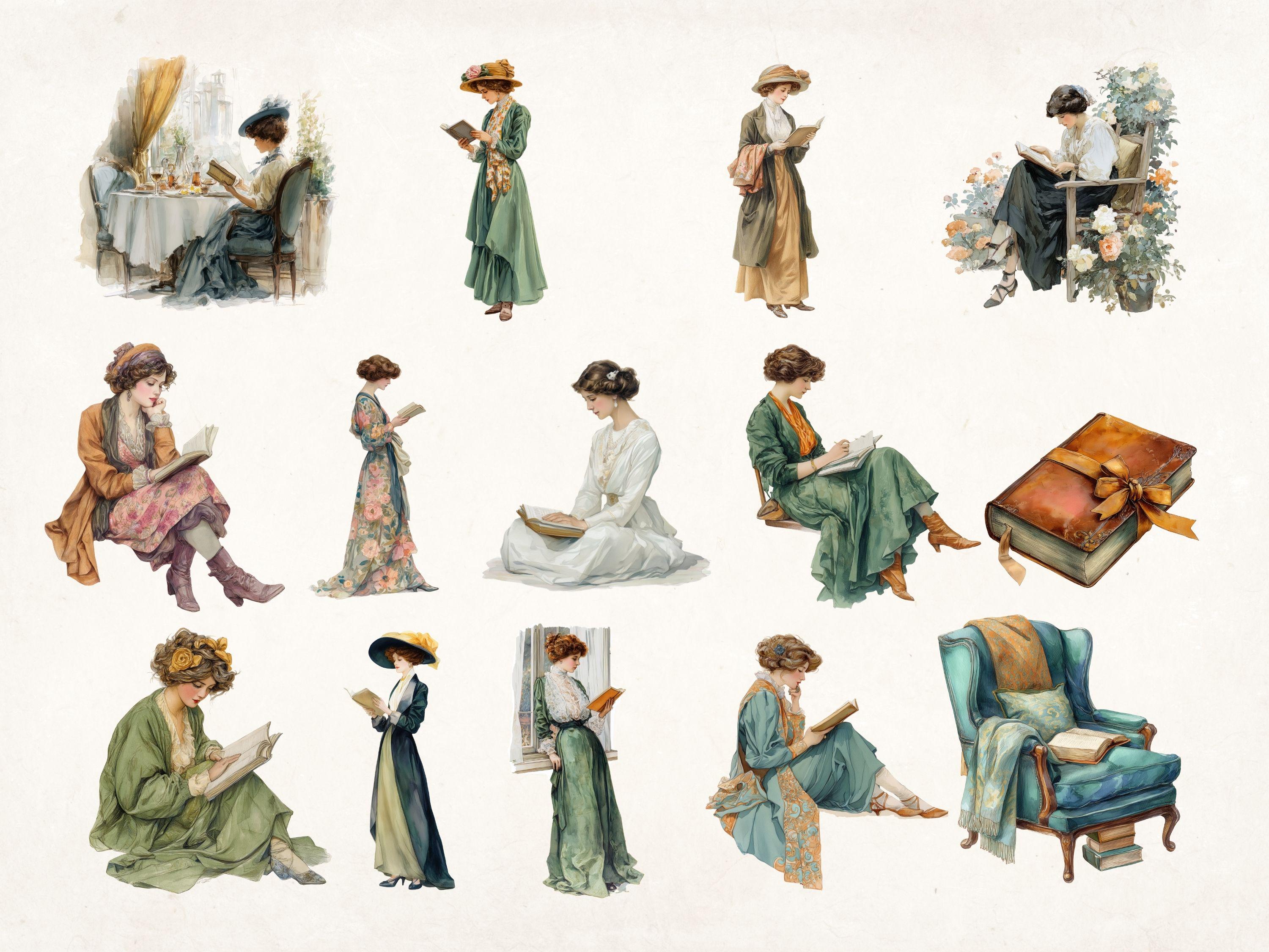 Vintage Book Clipart | Victorian Reading Woman Ephemera | Antique ...