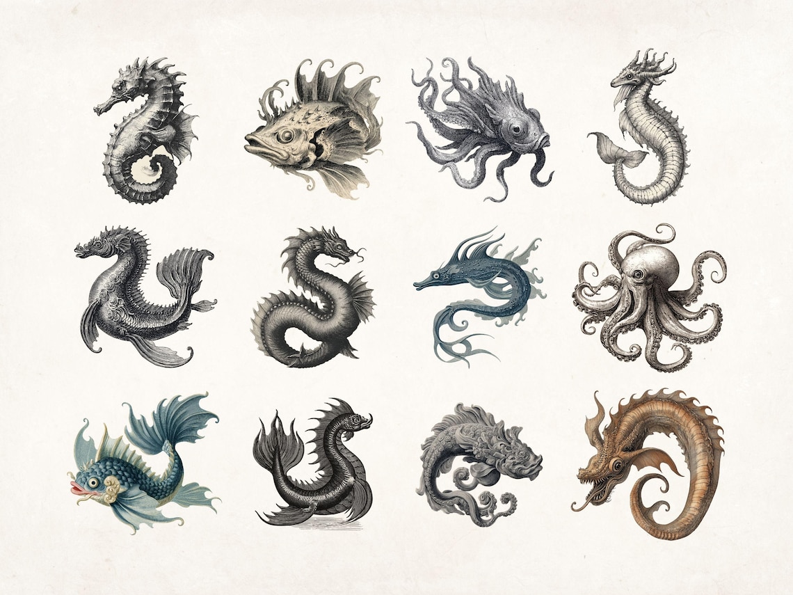 Vintage Sea Monster Clipart | Mythical Nautical PNG (digital Download ...