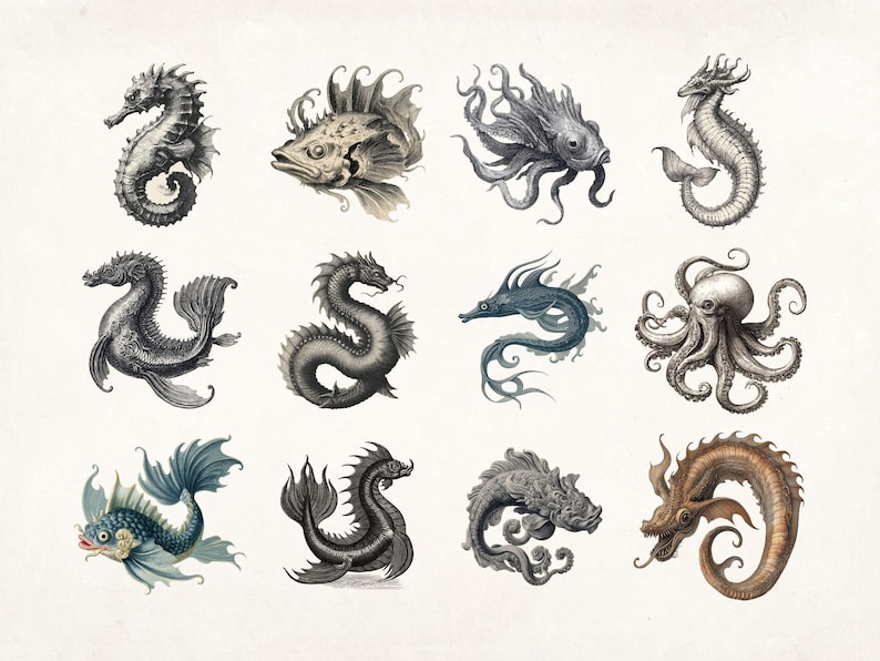 Vintage Sea Monster Clipart | Mythical Nautical PNG (digital Download ...