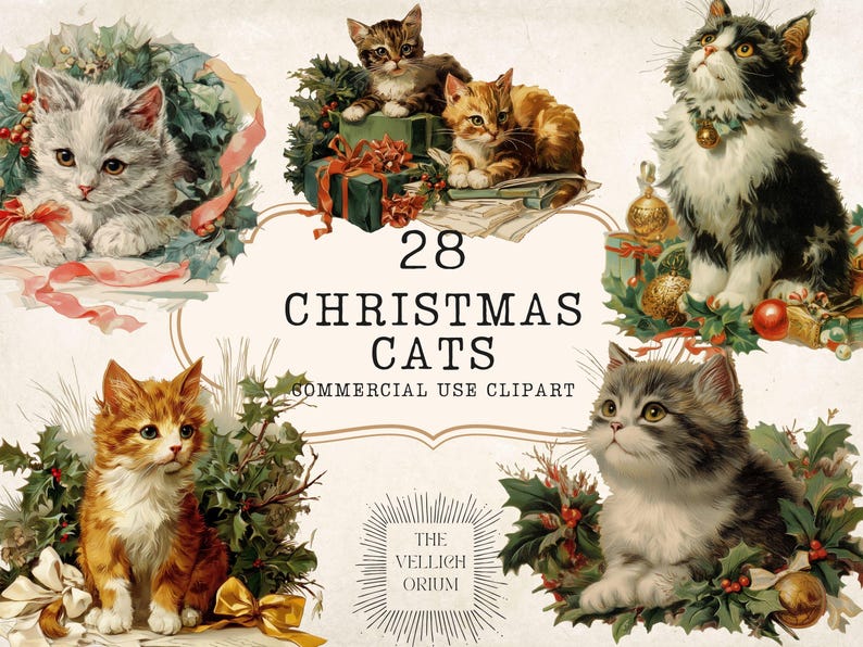 Vintage Christmas Cat Clipart | Retro Kitten PNG Illustrations ...