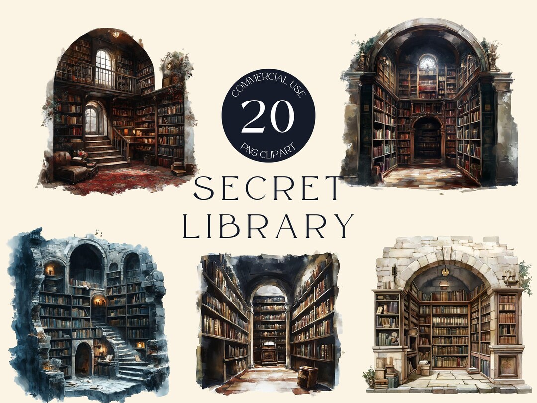 Secret Library Clipart Set, Vintage Bookstore Illustrations, Dark ...