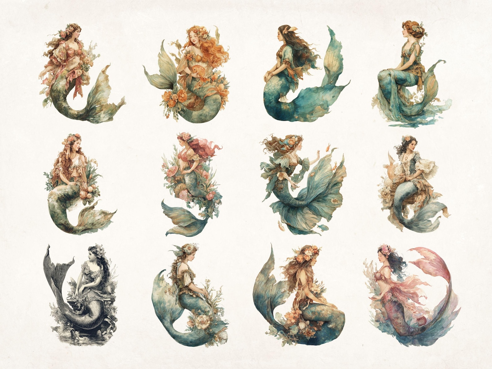 Vintage Mermaid Clipart Bundle, Ocean Junk Journal Graphics, Mythical ...