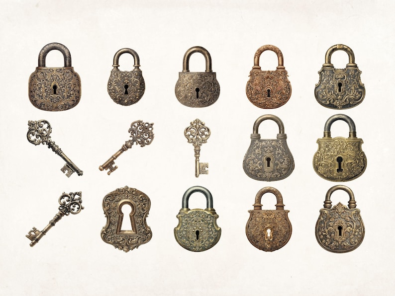 Vintage Lock and Key Clipart | Ornate Antique Illustrations (PNG) - Etsy