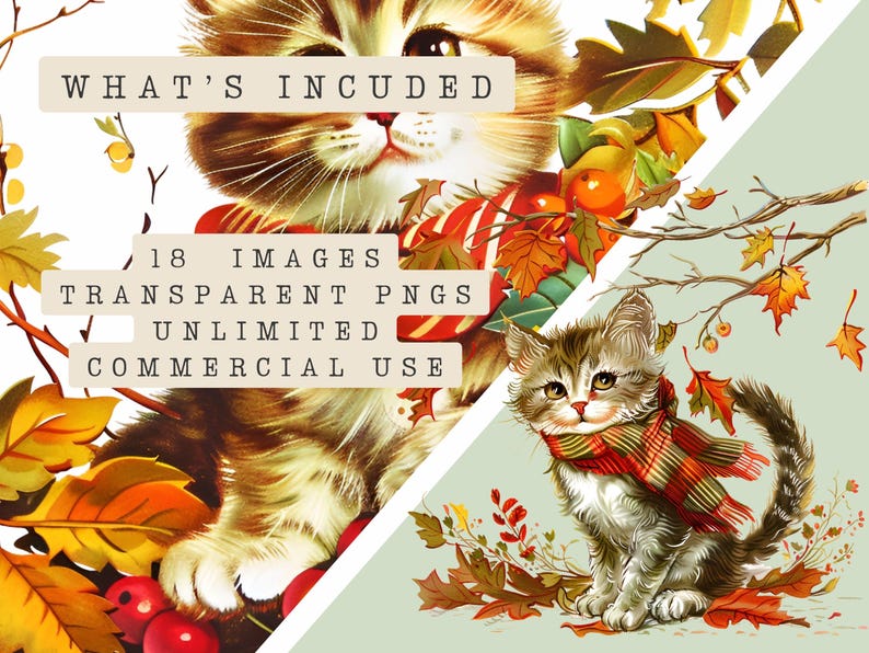 Vintage Fall Cat Clipart | Autumn Kitten PNG (digital Download) - Etsy
