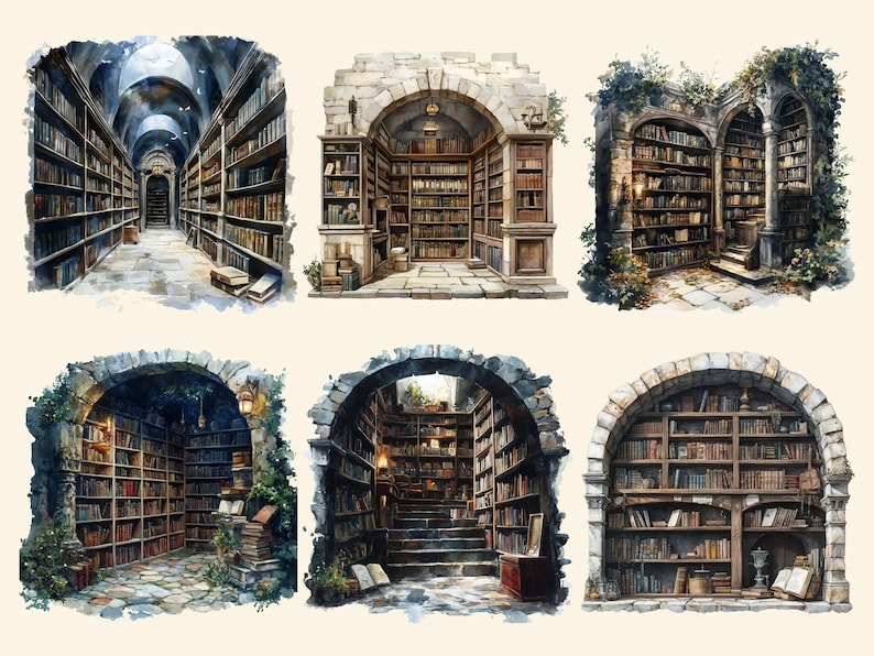 Secret Library Clipart Set, Vintage Bookstore Illustrations, Dark ...