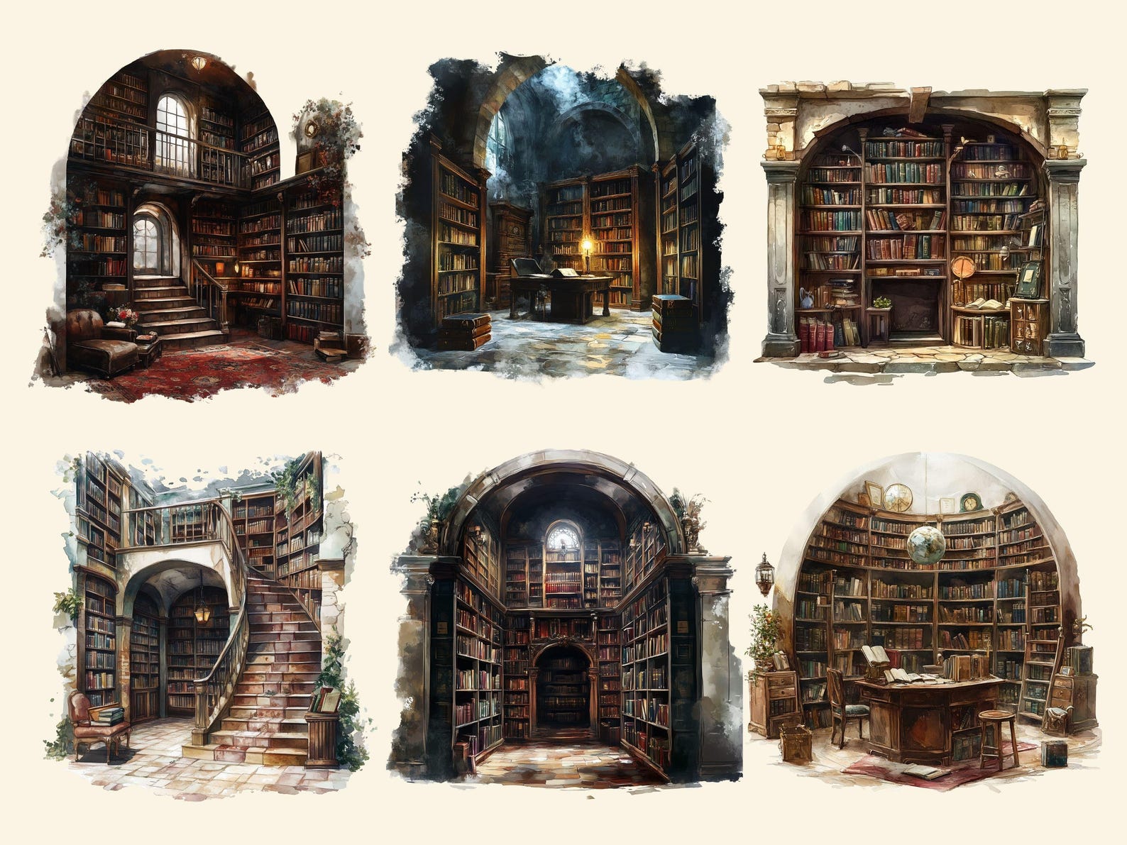 Secret Library Clipart Set, Vintage Bookstore Illustrations, Dark ...