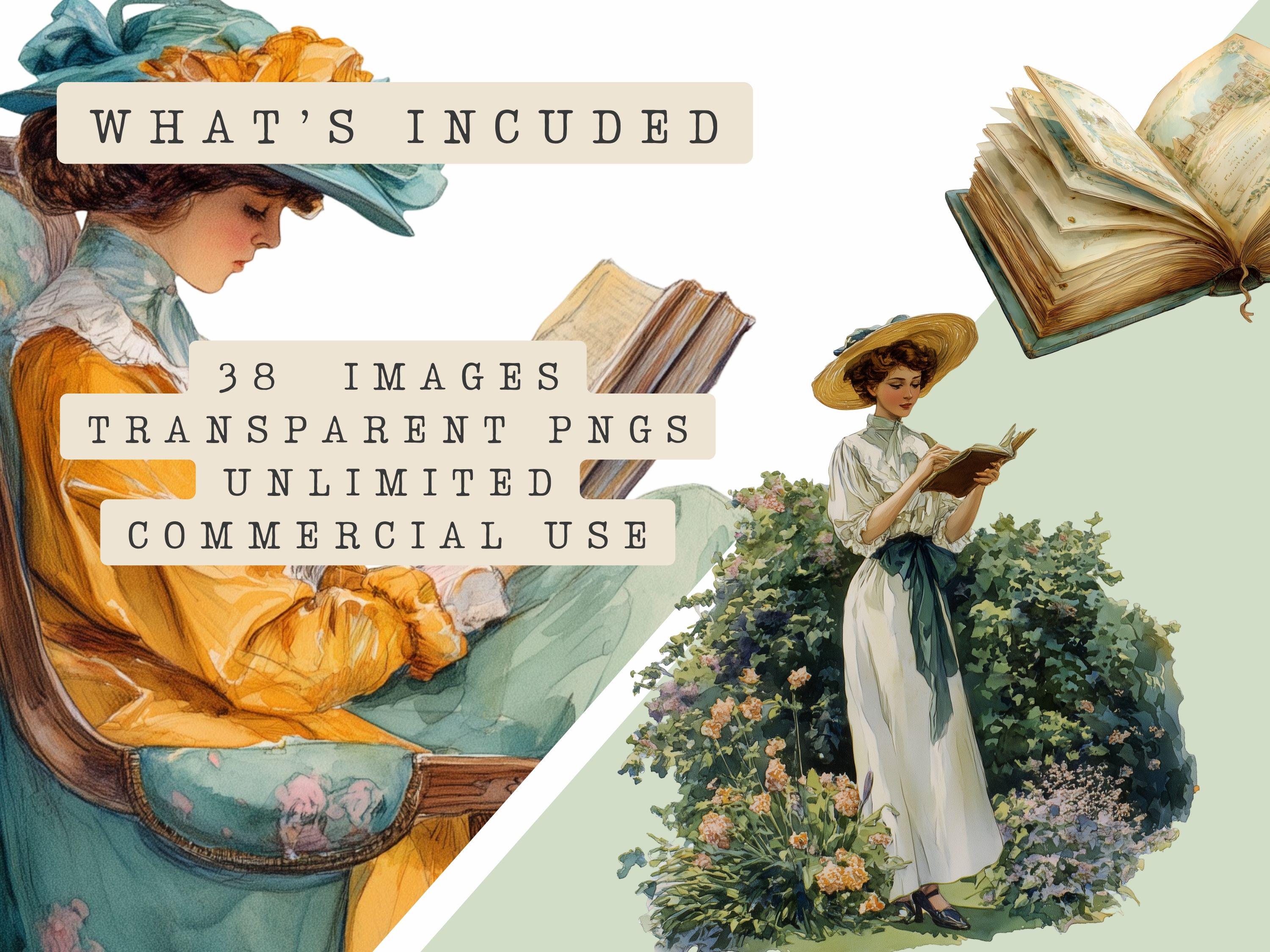 Vintage Book Clipart | Victorian Reading Woman Ephemera | Antique ...